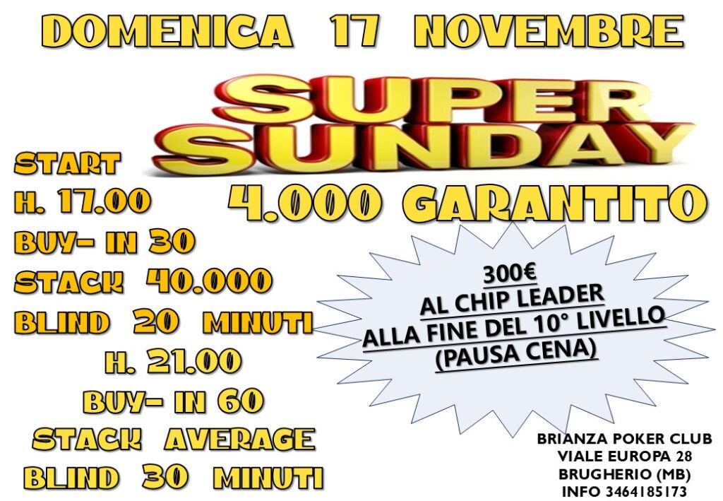 PROGRAMMA DOMENICA 17 NOVEMBRE 2024 – Brianza Poker Club Brugherio